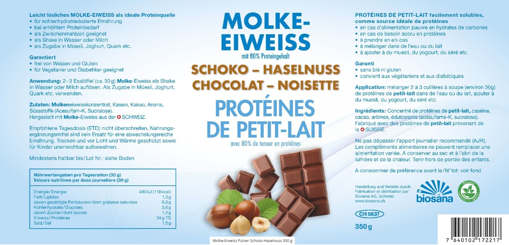 Biosana Poudre de protéines de petit-lait chocolat-noisette (Chocolat ...