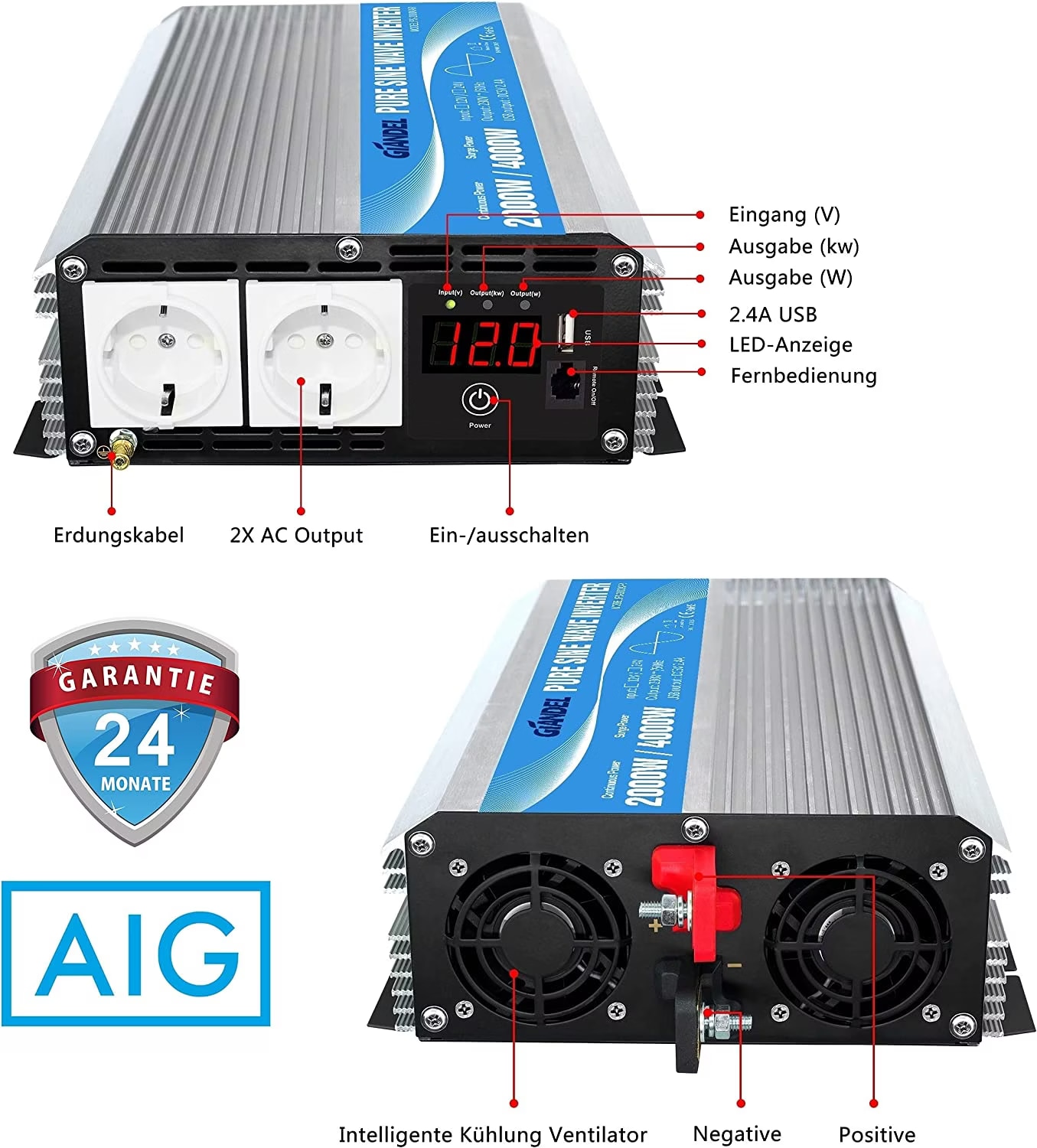 Giandel Wechselrichter 12V auf 230V Reiner Sinus 2000W - Galaxus